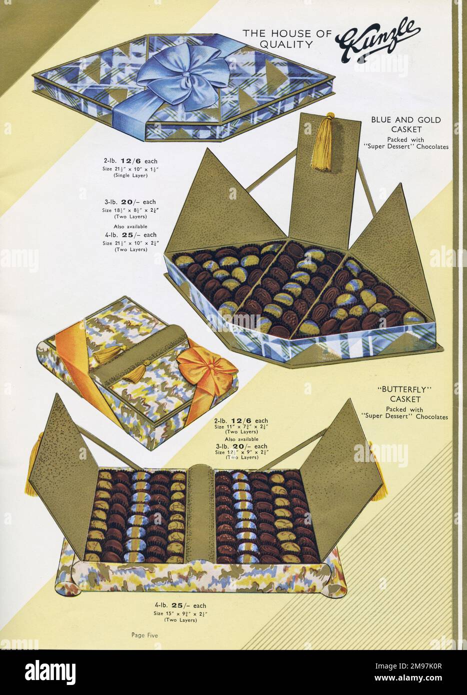 Page from a catalogue, Kunzle Chocolate List, showing two luxury ...