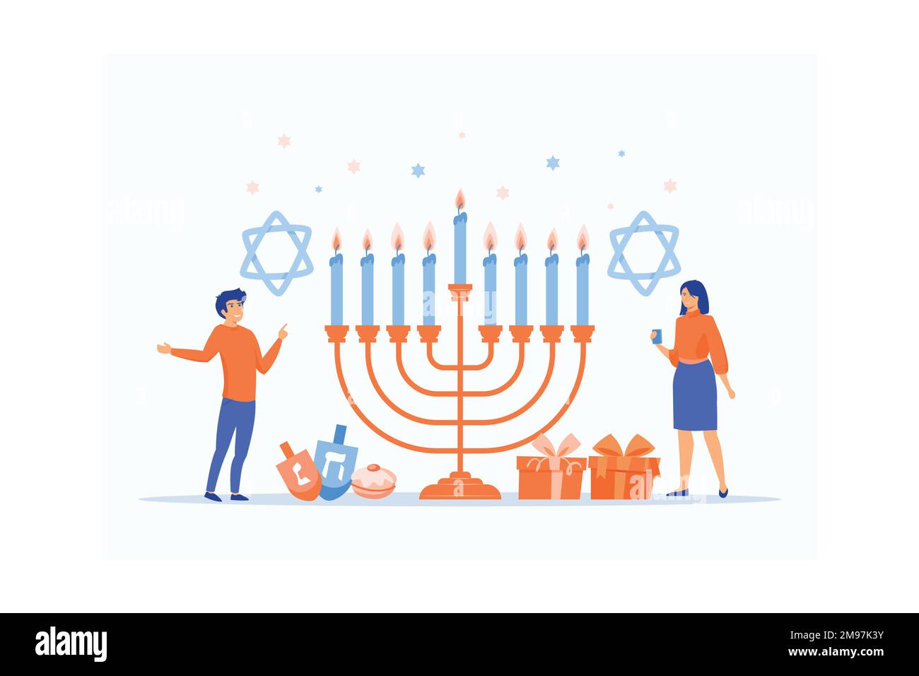 Happy Hanukkah Traditional Jewish Holiday With Tiny People And Symbols