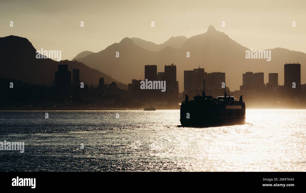 Passenger Ferry boat crossing Guanabara Bay with Rio de Janeiro ...