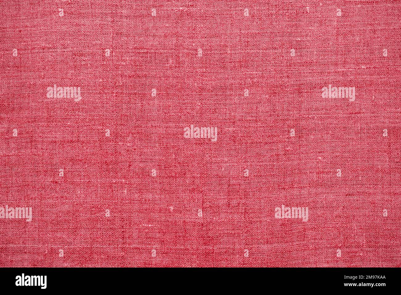 Red linen fabric, background or texture, top view, close up, horizontal ...