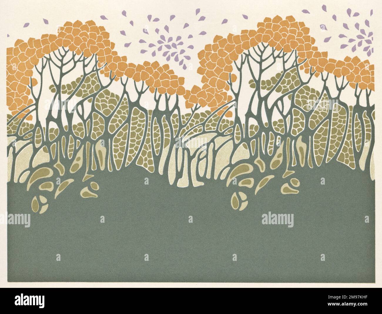 Art nouveau style autumn trees, with leaves blowing in the wind Stock ...