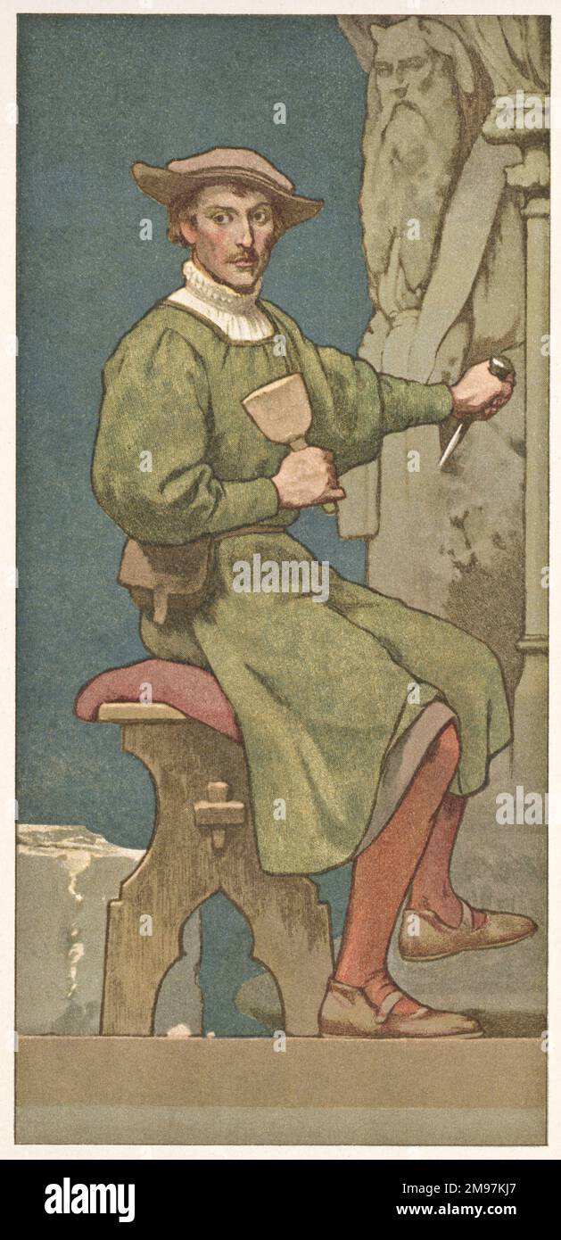 Collector's card, stone carver at work Stock Photo - Alamy