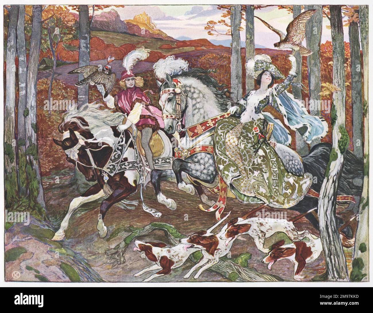 Medieval hunting scene -- a man and a woman on horseback, with birds of ...