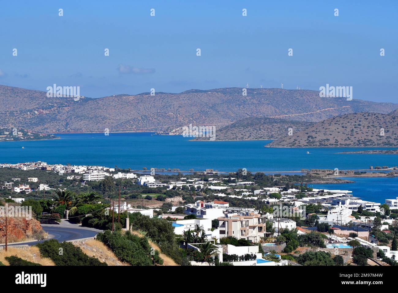 Greece, Crete, Hotel complex on the Cretan Sea with the narrow causeway ...