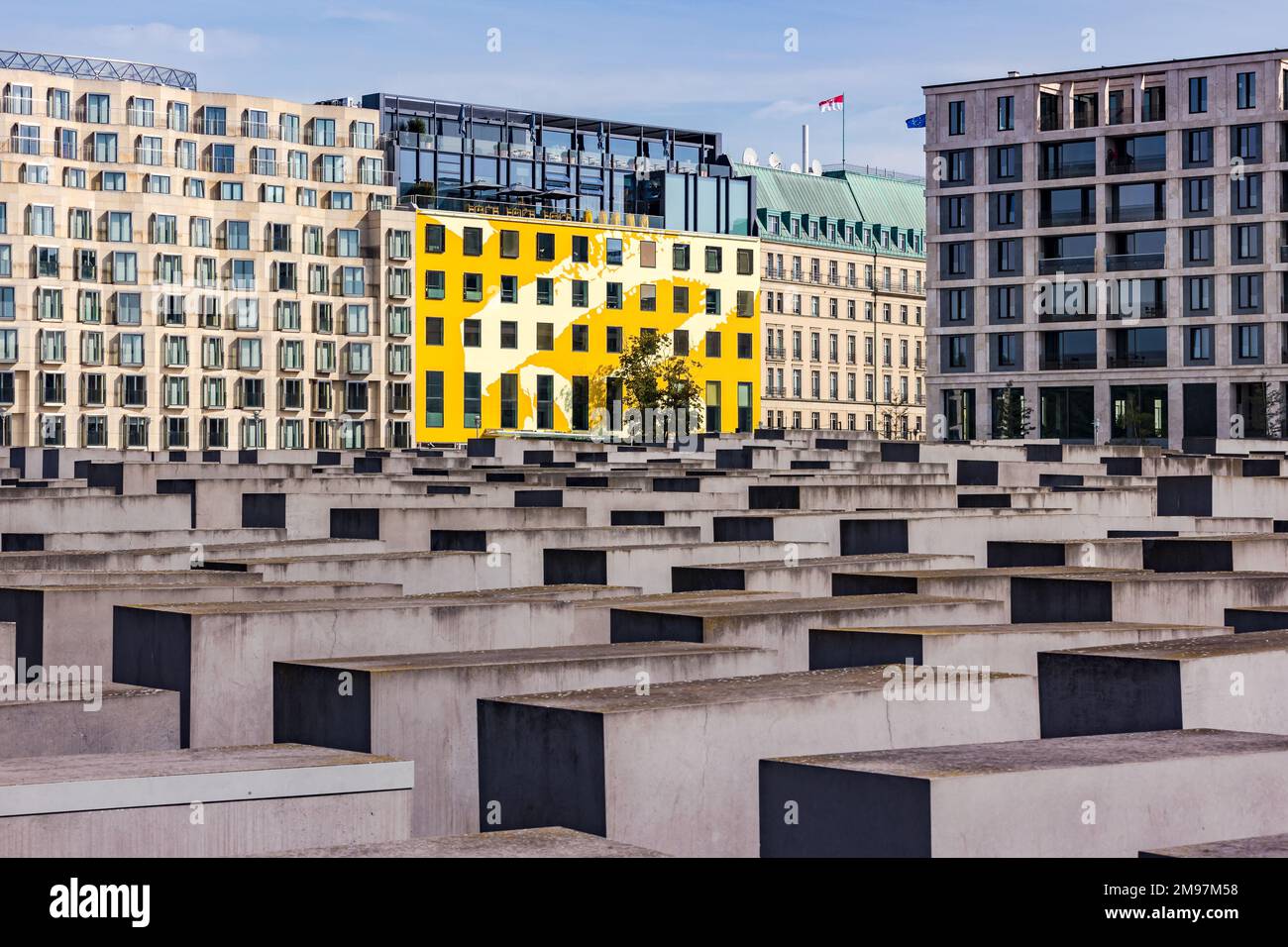 View over houses and the concrete blocks of the Holocaust Memorial in ...