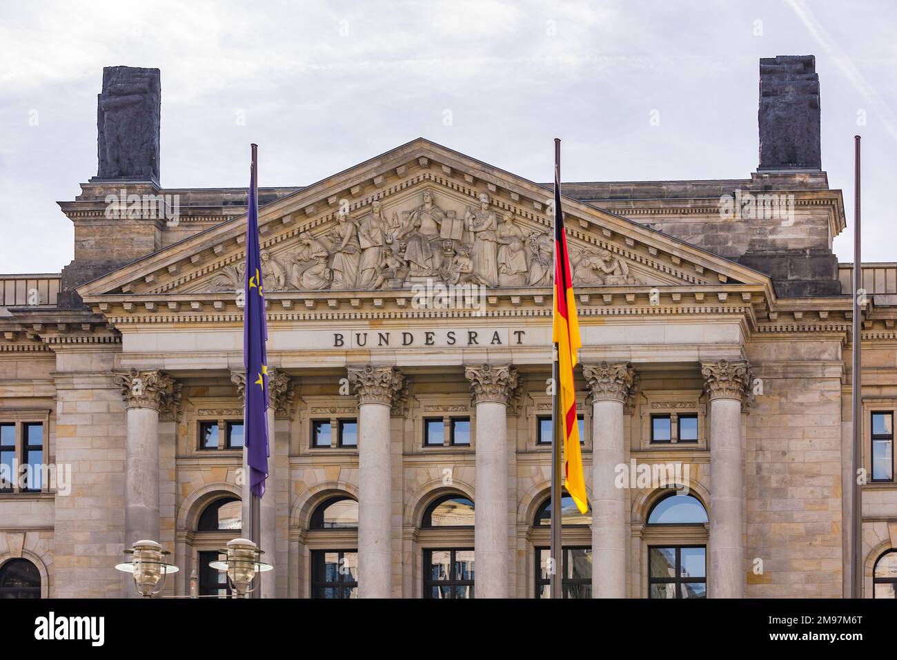 The historic Bundesrat building with ornaments and EU flag and Germany ...