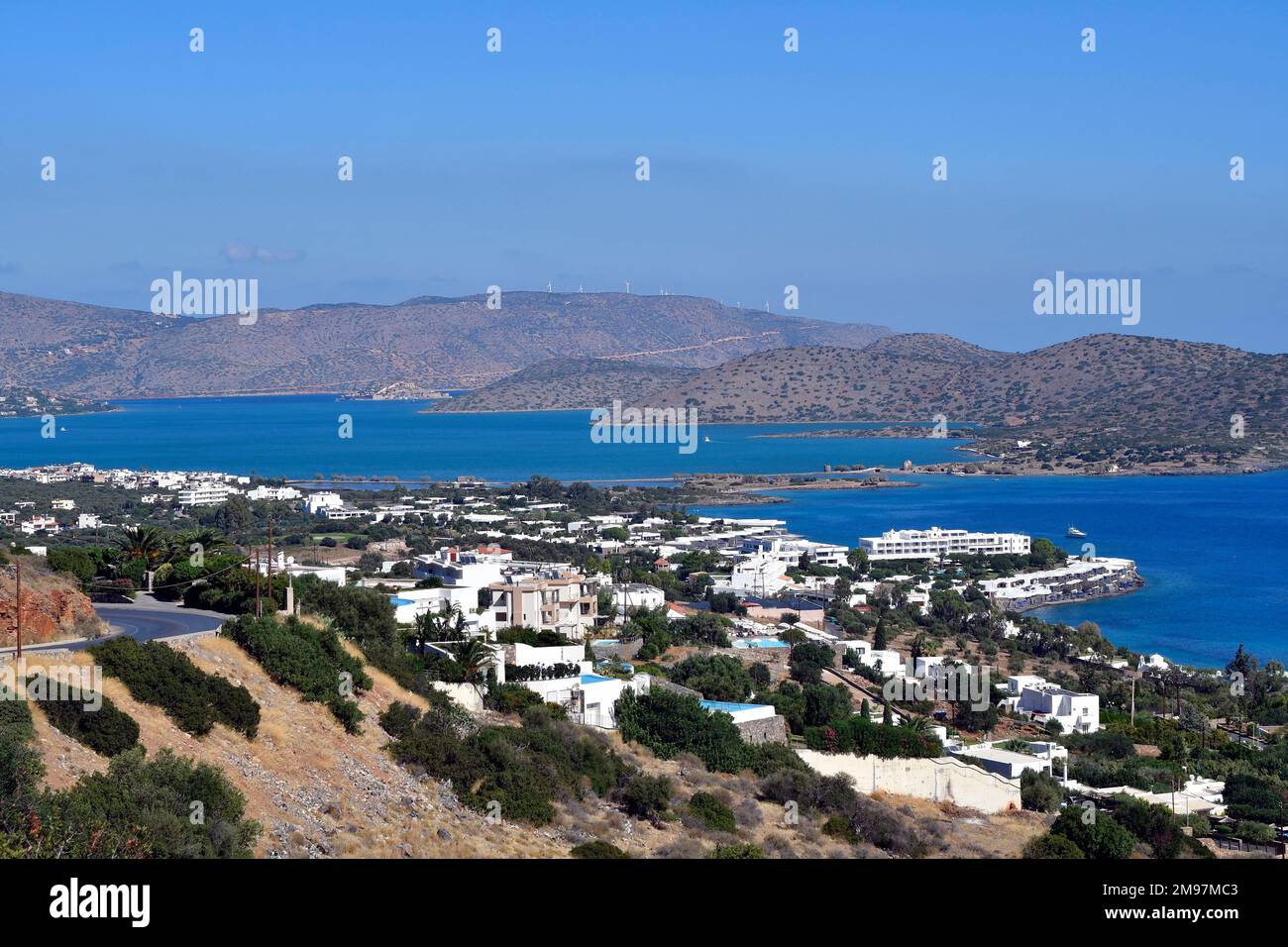 Greece, Crete, panorama from Elounda with hotel complexes on the Cretan ...