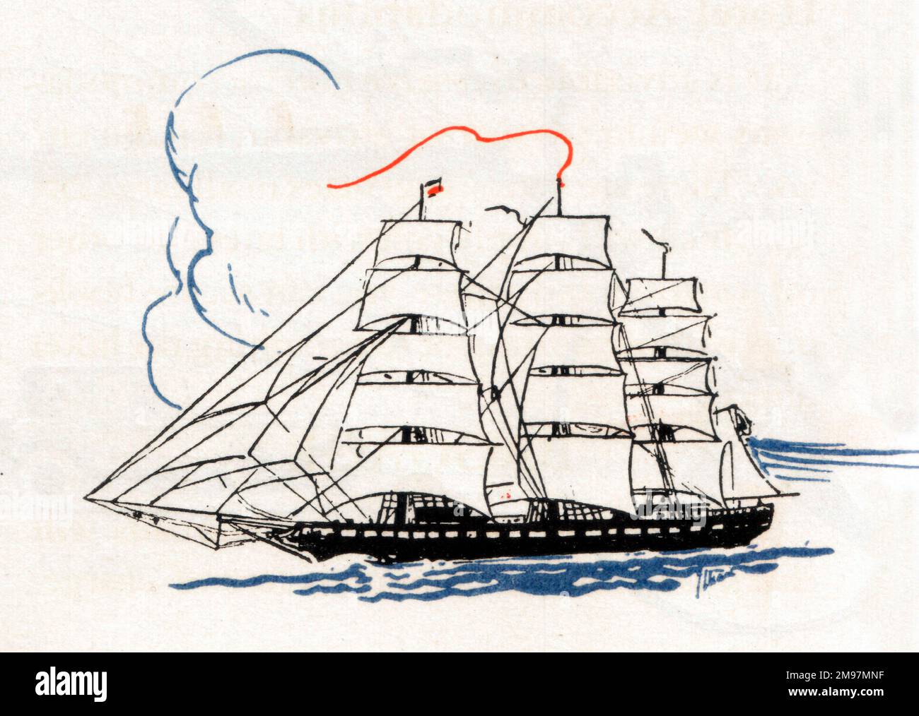 An elegant three-masted tall ship under sail, possibly a tea clipper ...