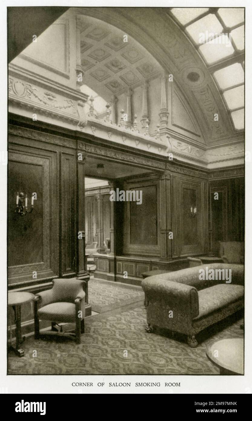 The Cunard Liner RMS Mauretania - Corner of Saloon Smoking Room Stock ...