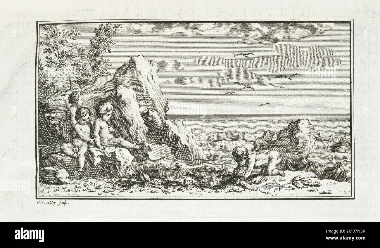 Infants at play on beach. Engraving by J. vander Schley, from Pierre de ...