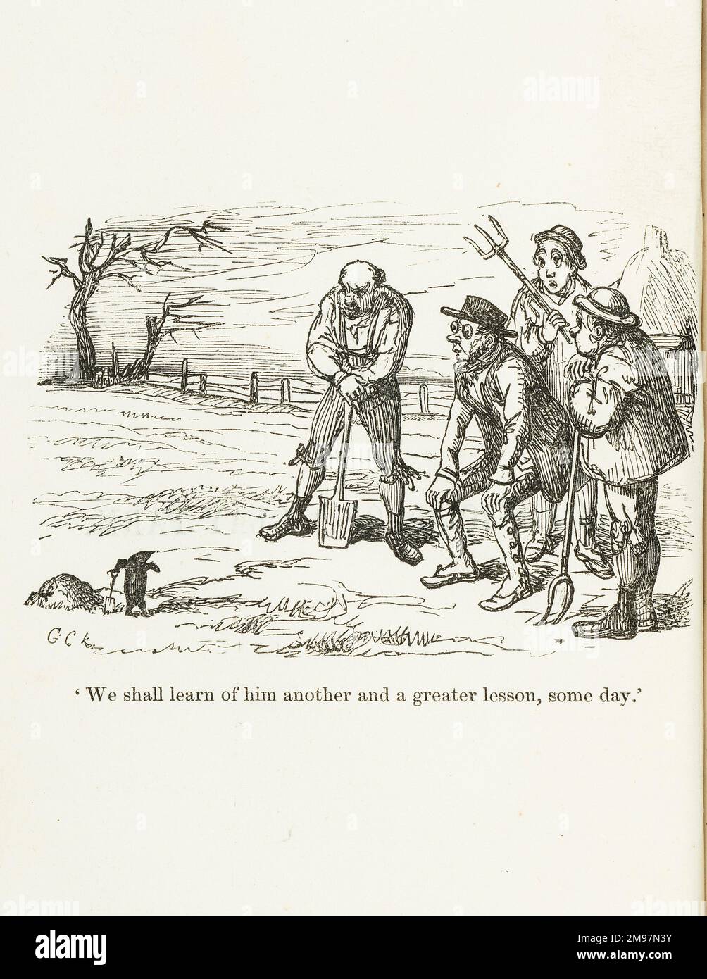 Cartoon of clay-diggers / peasants and mole. Woodblock by George ...