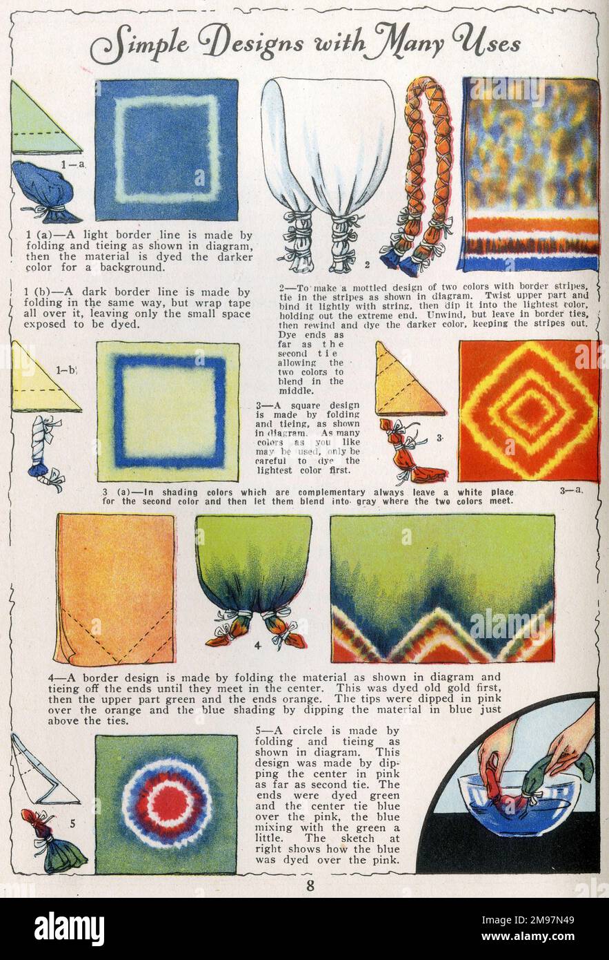 Page of instructions in a brochure showing how to dye different designs ...