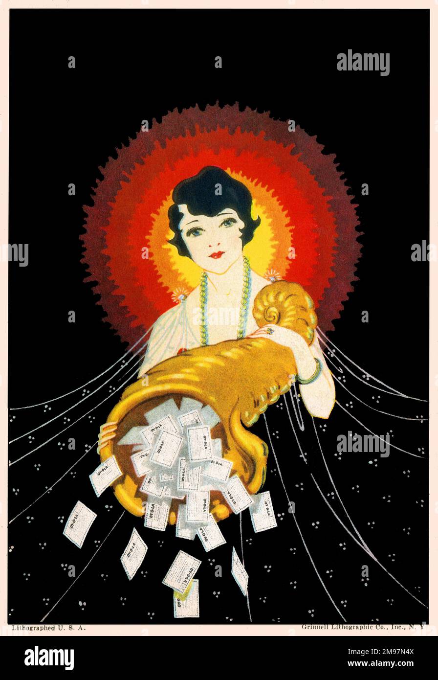 A stylised 1920s Woman holding a cornucopia of packets of Dy-o-la Dye ...