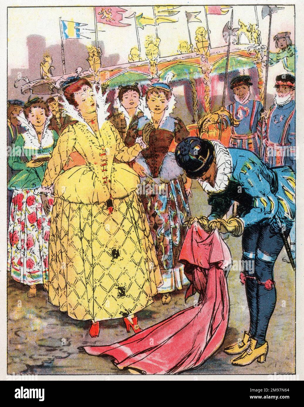 Sir Walter Raleigh lays his cloak at Queen Elizabeth I's feet to ...