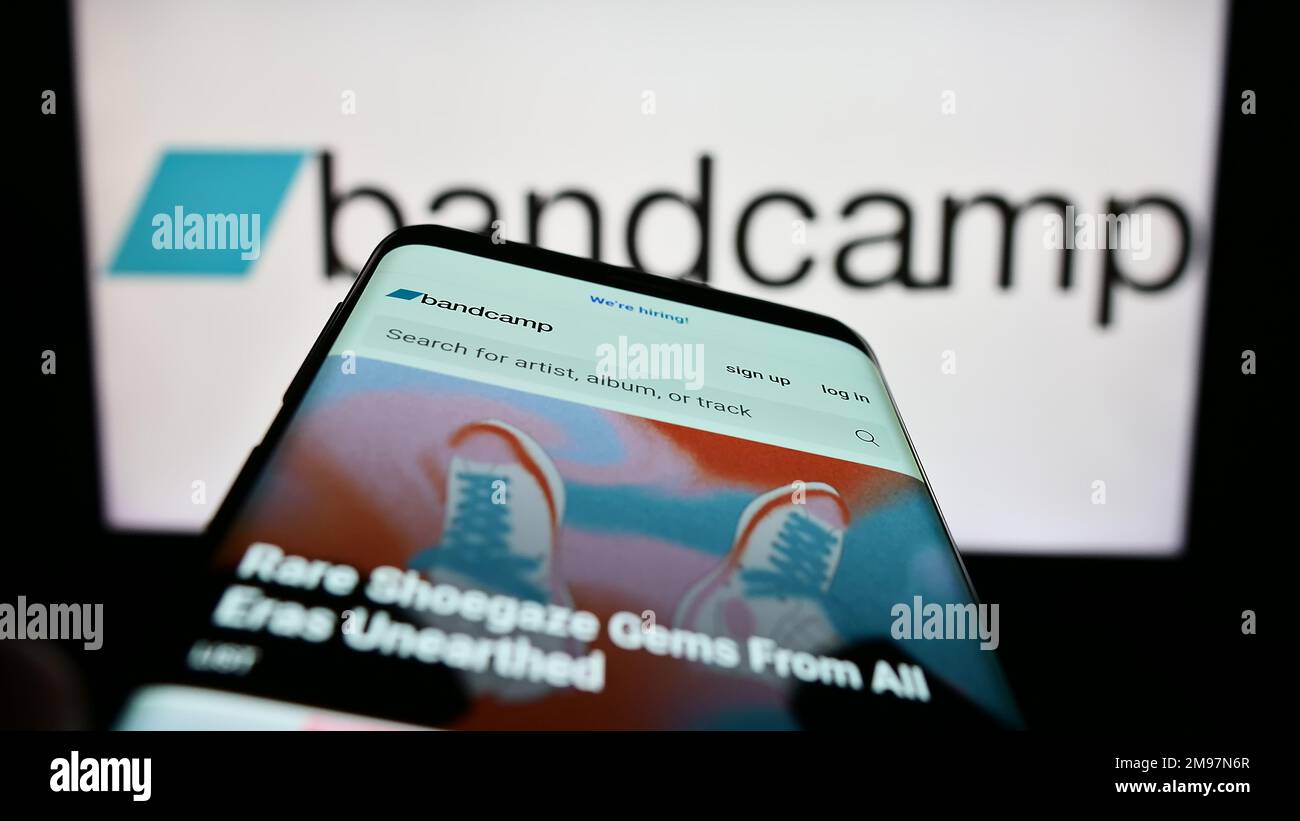 Mobile phone with website of US audio distribution company Bandcamp Inc ...