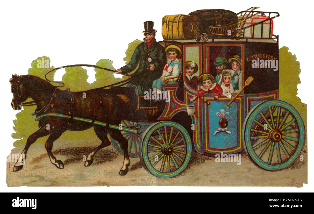 Victorian Scrap, coach, horses and passengers Stock Photo - Alamy