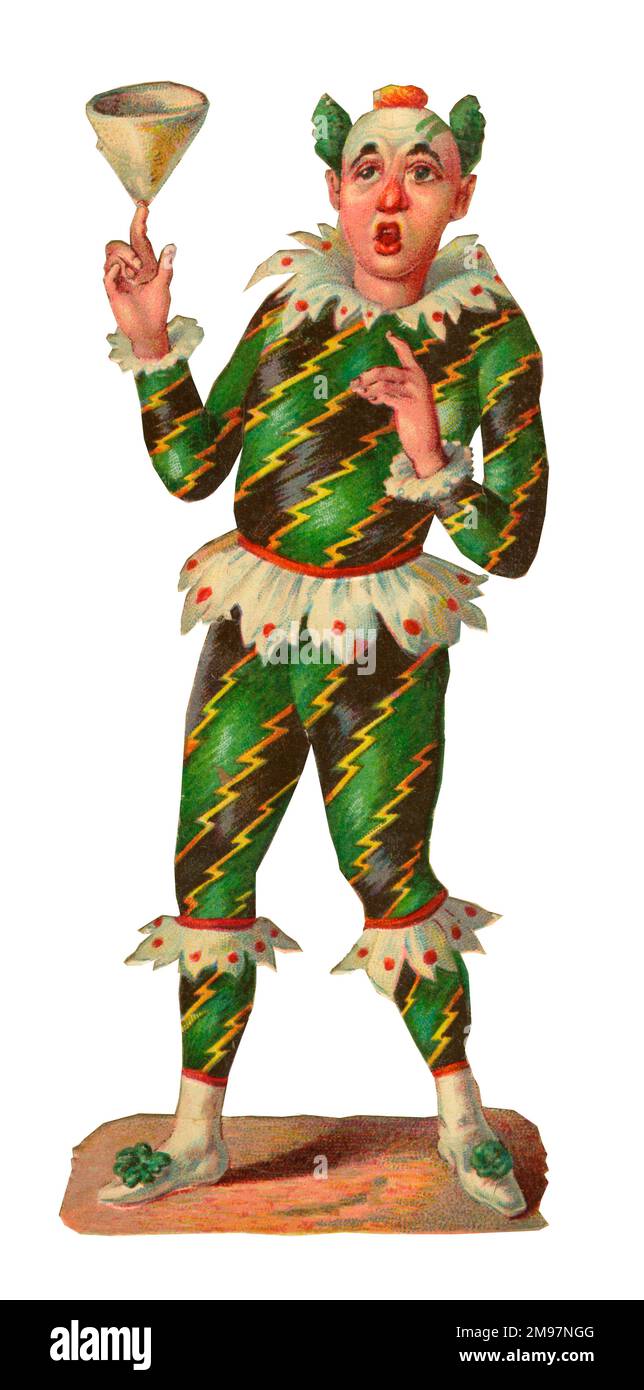 Victorian Scrap, clown in green and black striped costume, balancing ...