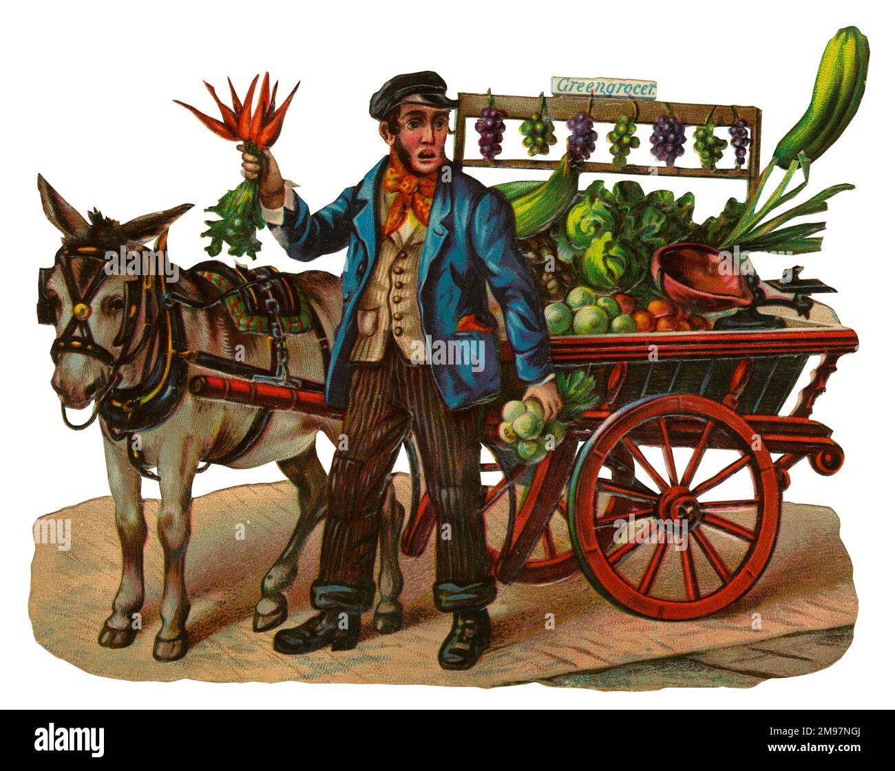 Victorian Scrap, man with vegetable cart and donkey Stock Photo - Alamy
