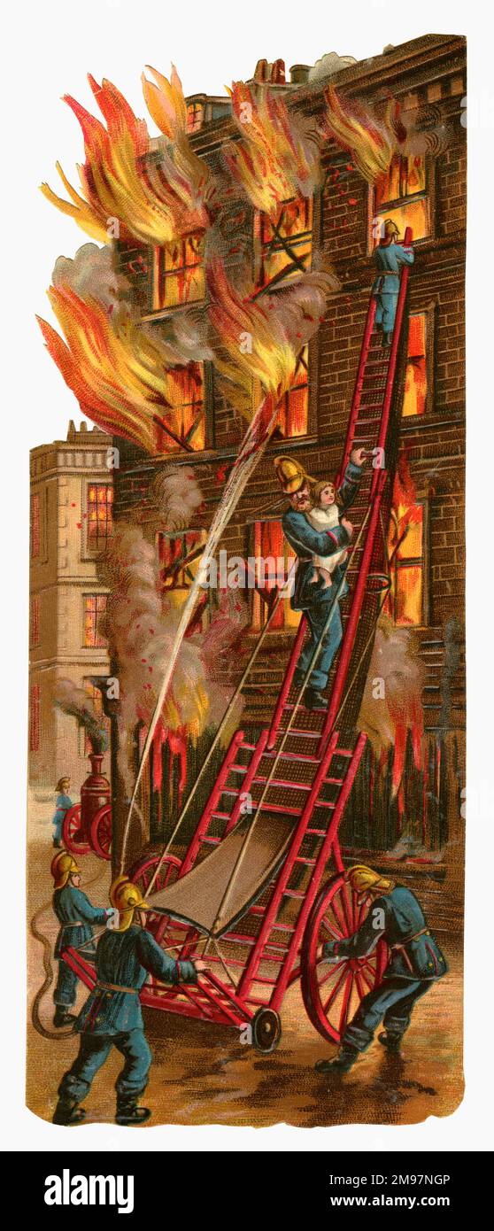 Victorian Scrap, fire brigade in action outside a burning building ...