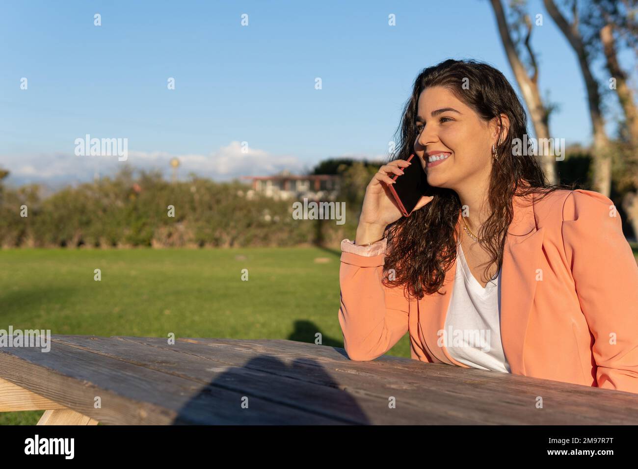 Well-dressed young Latina businesswoman talking on the phone sitting at ...