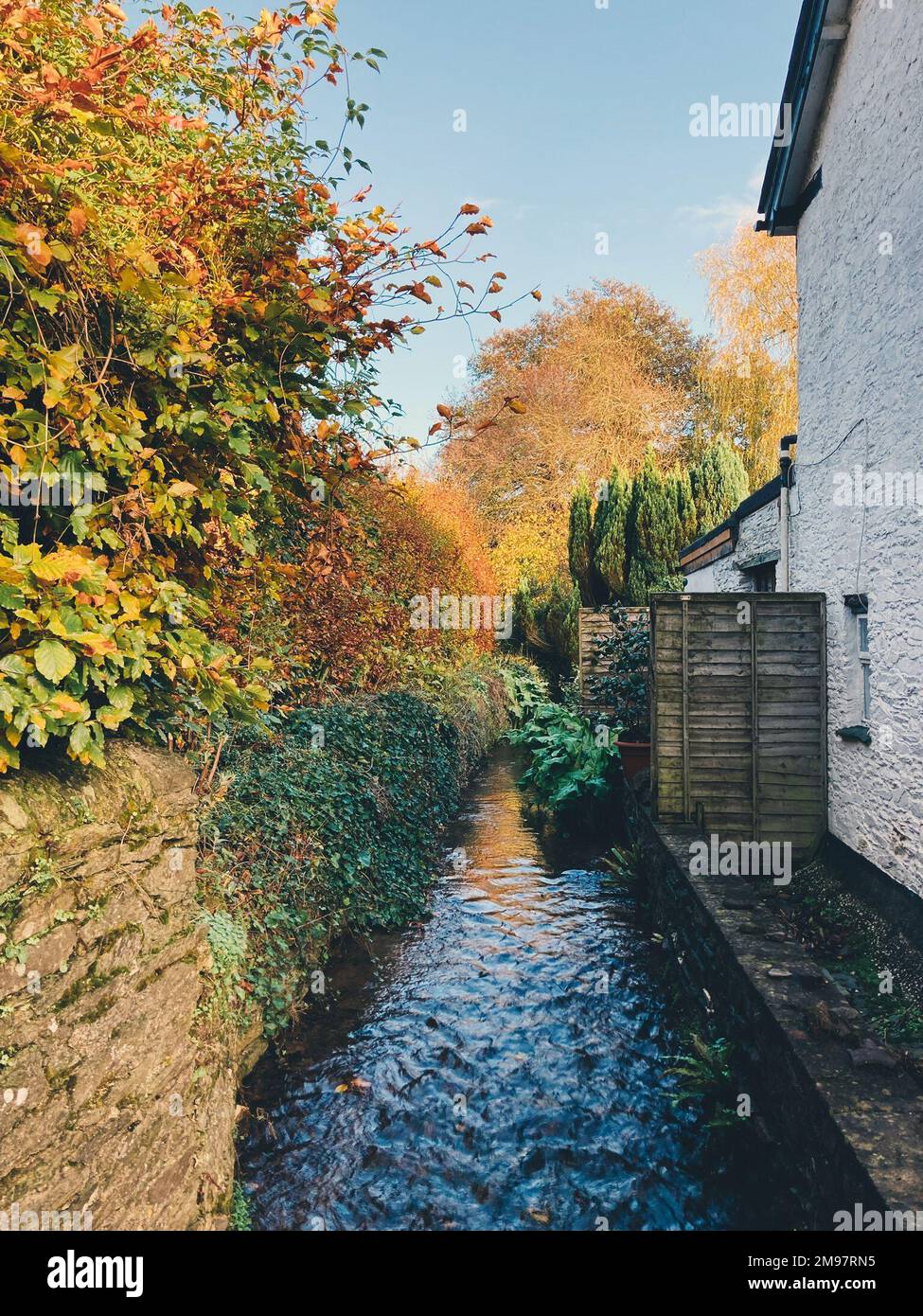 River flowing past a house, Harberton, Devon, England, UK Stock Photo ...