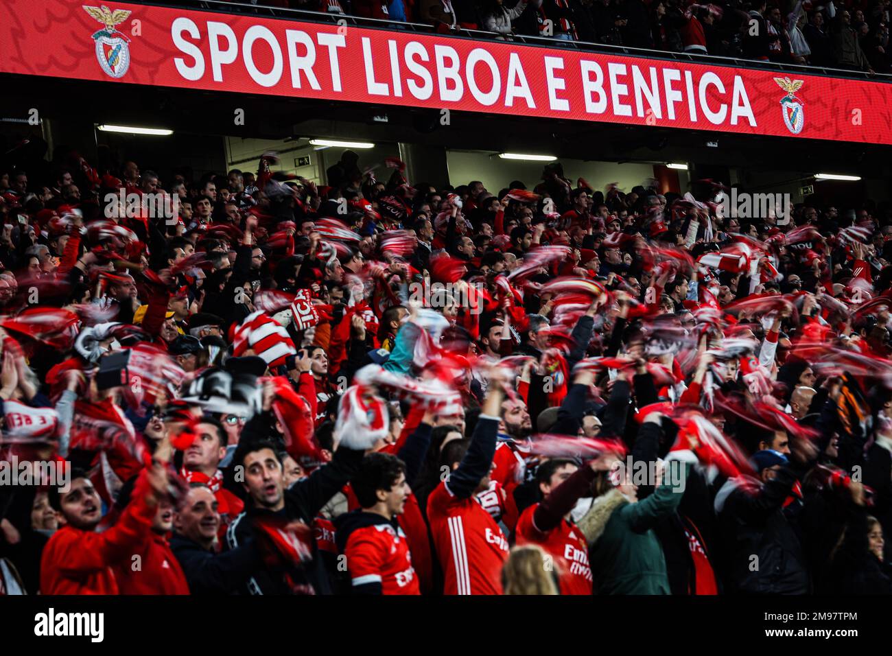 Lisbon, Portugal. 15th Jan, 2023. SL Benfica fans cheer during the Liga ...