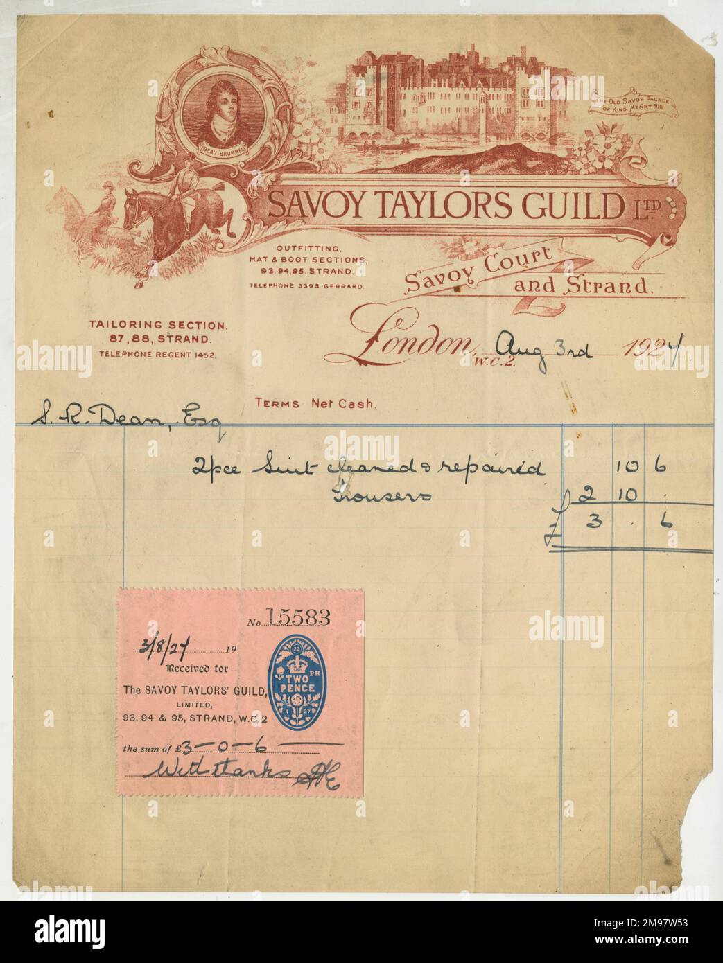 Savoy Taylors Guild, London -- invoice and receipt for cleaning a two ...