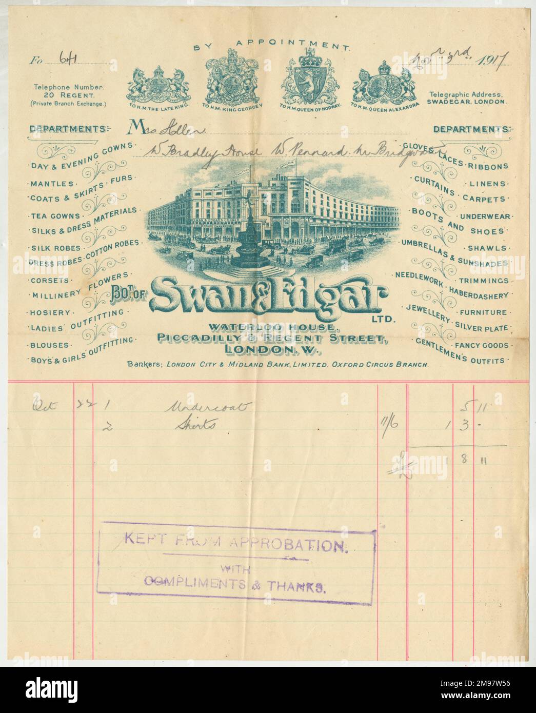 Swan & Edgar, Piccadilly and Regent Street, London -- handwritten ...