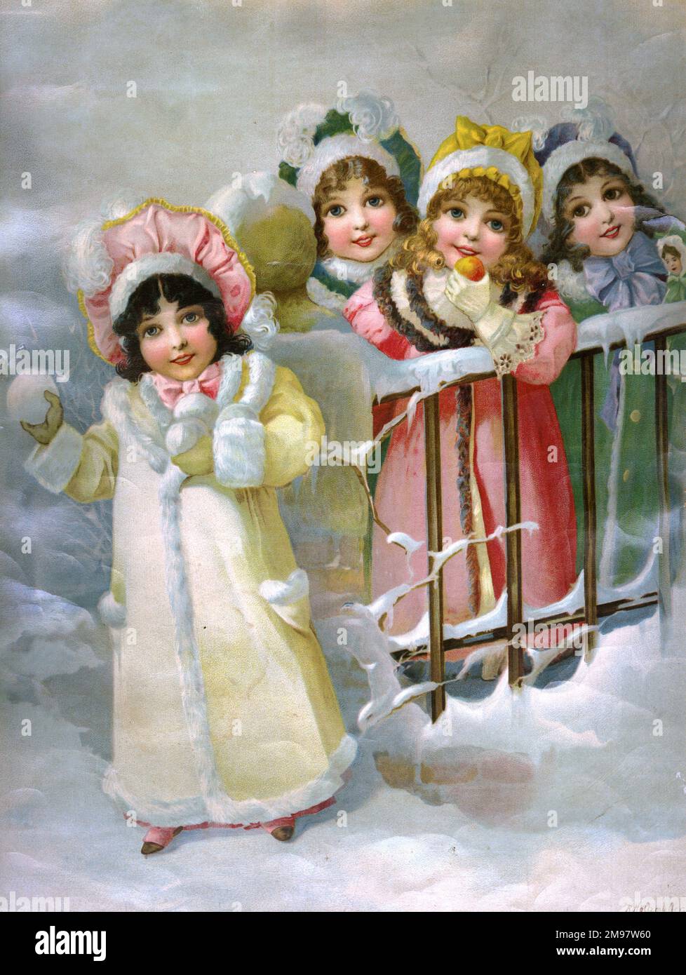 Four Girls Snowballing Stock Photo - Alamy