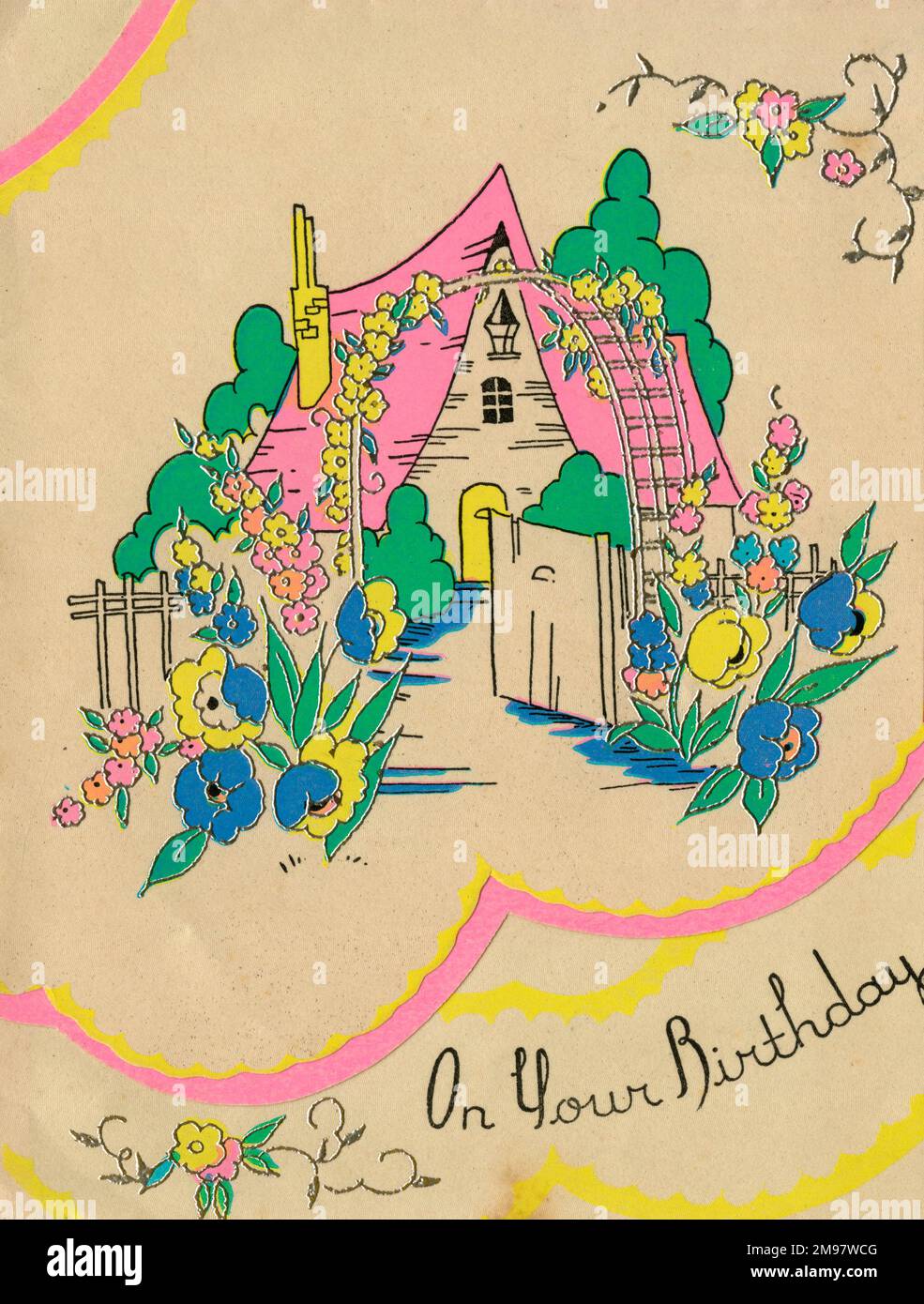 Birthday card with colourful country cottage Stock Photo - Alamy