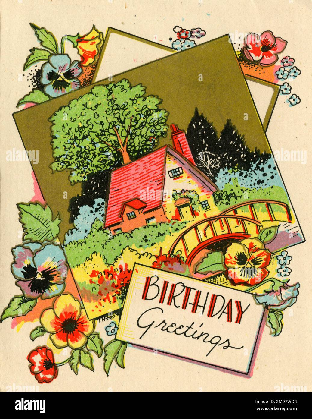 Birthday card, Birthday Greetings, cottage and flowers Stock Photo - Alamy