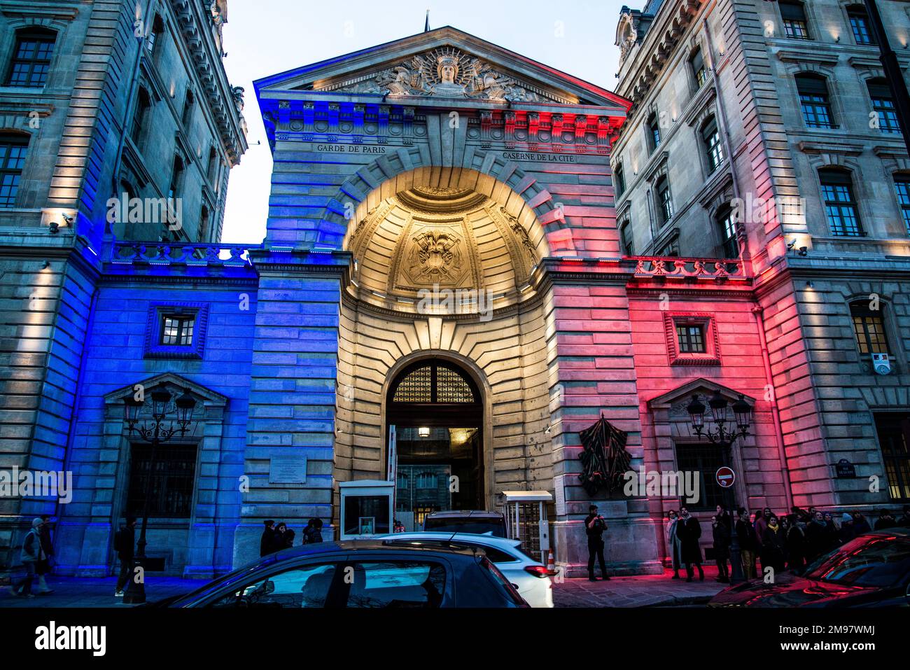 Paris, France - Dec. 27 2022: Three color light shading on the Paris ...