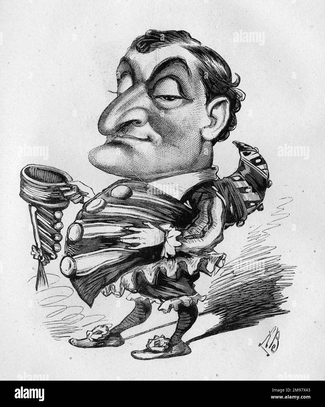 Caricature of David James (1839-1893), English comic actor, seen here ...