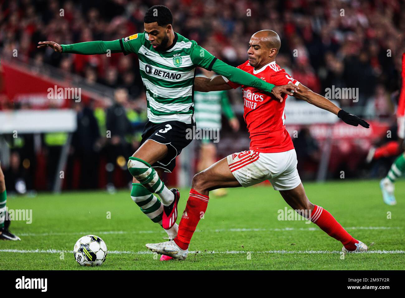 Lisbon, Portugal. 15th Jan, 2023. Jeremiah St. Juste (L) of Sporting CP ...