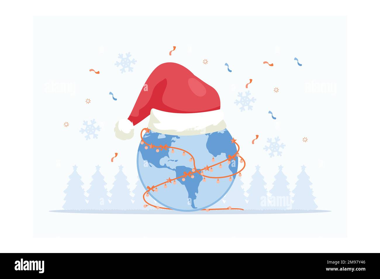 The earth with a Santa Claus hat laid and the Christmas light bulbs ...