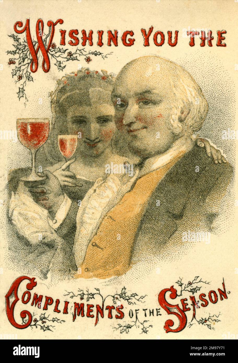 Christmas greeting, Compliments of the Season, with a smiling couple ...