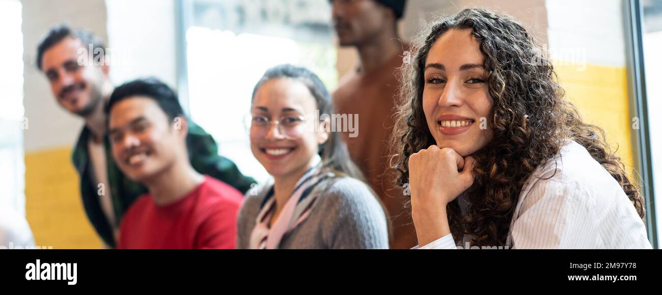 Horizontal banner or header with university students multiethnic team ...