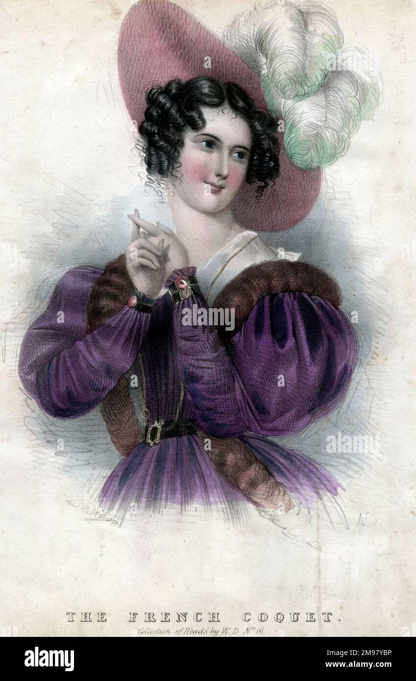 The French Coquet -- woman in purple dress and feathered hat Stock ...