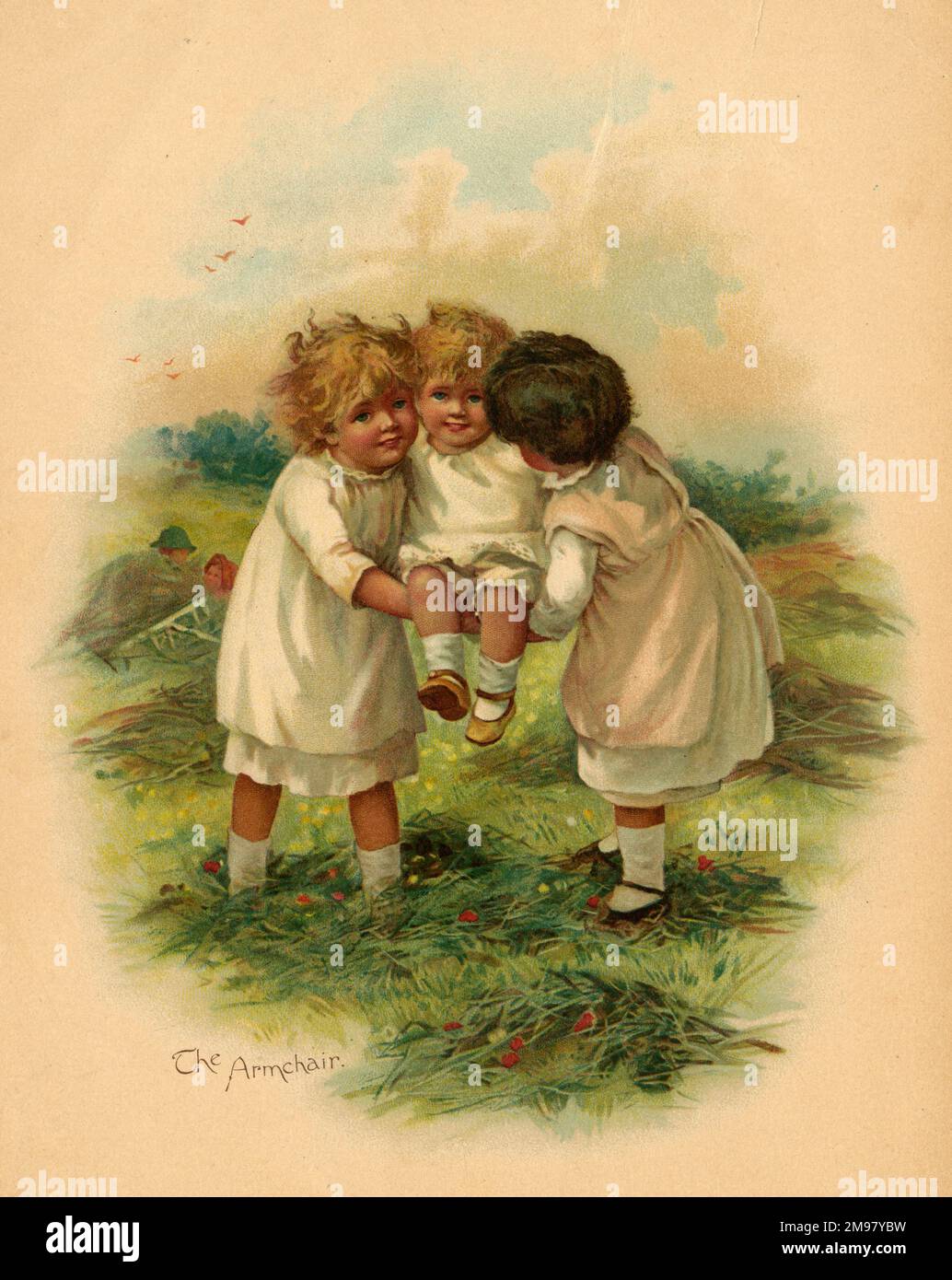 Illustration, The Armchair -- two children link arms to carry a smaller ...