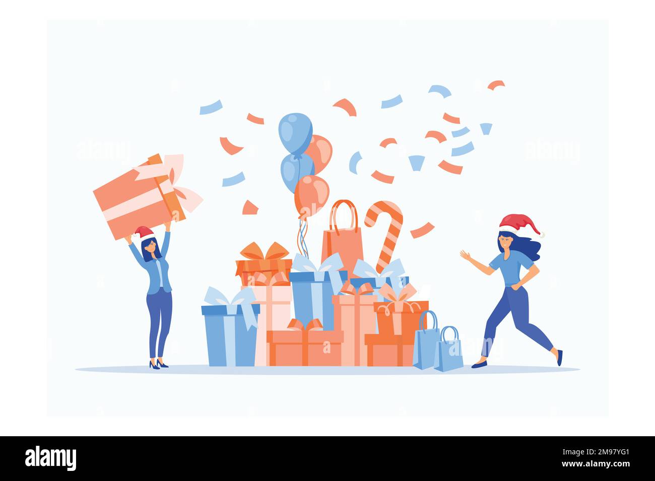 Happy women holds presents and toys, preparation for winter holidays ...