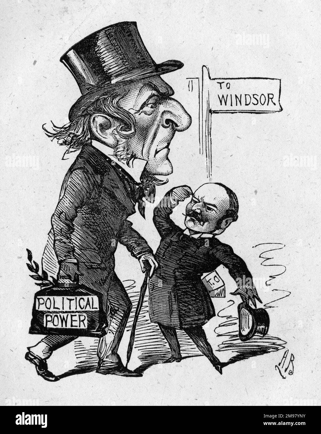 Cartoon, Gladstone on the road to Windsor, with a newspaper editor ...