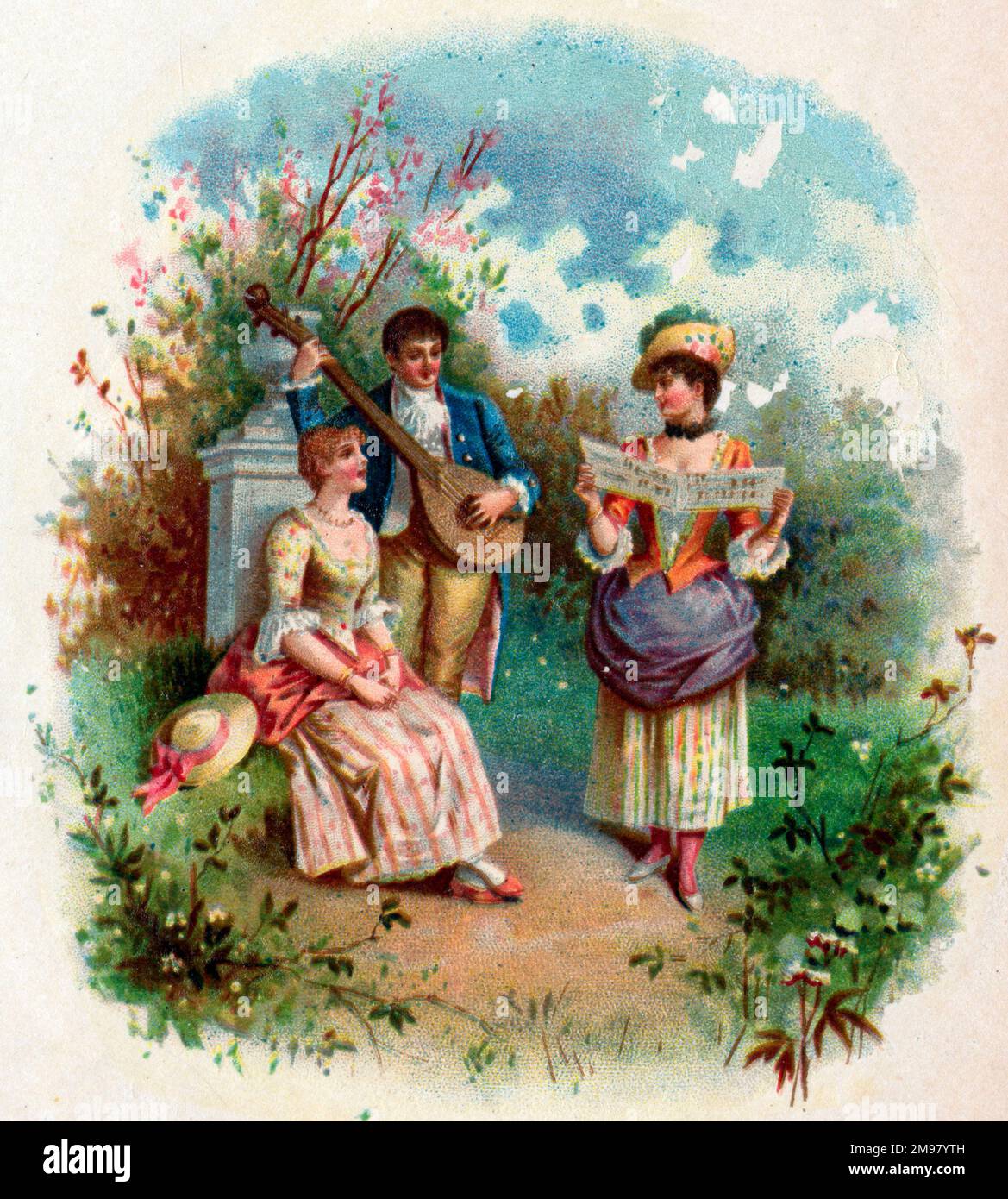 Victorian Transfer design, three musicians Stock Photo - Alamy