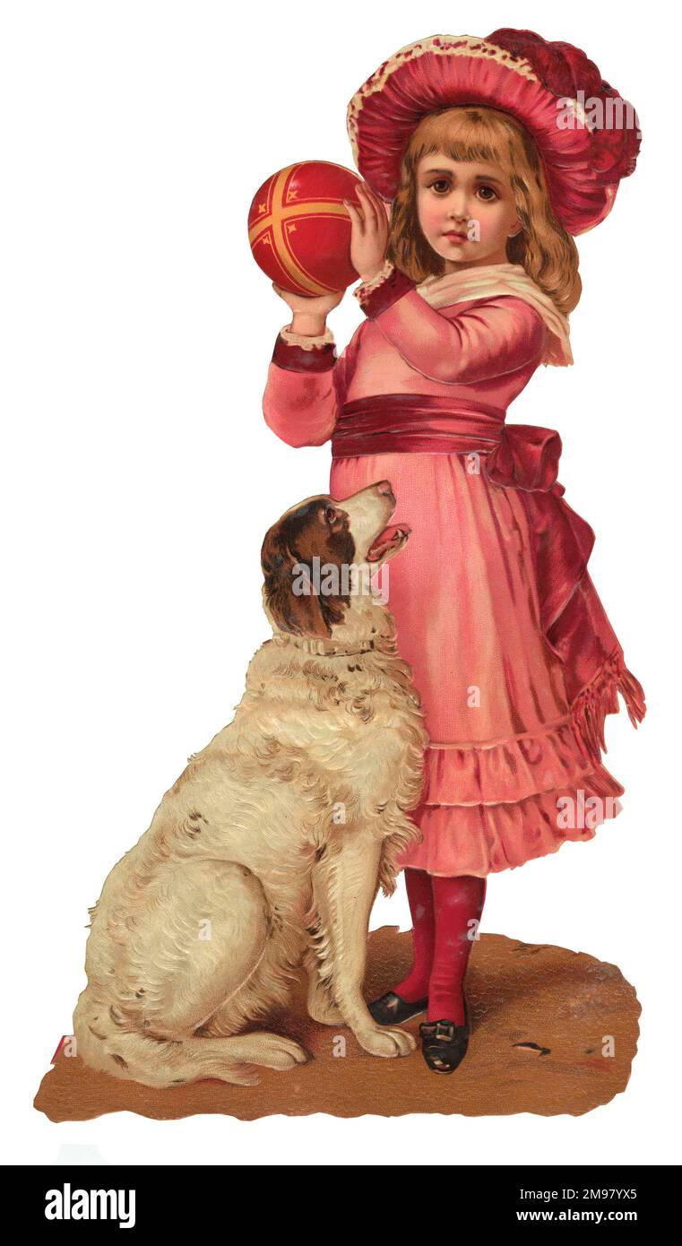 Victorian scrap - girl and dog with ball Stock Photo - Alamy