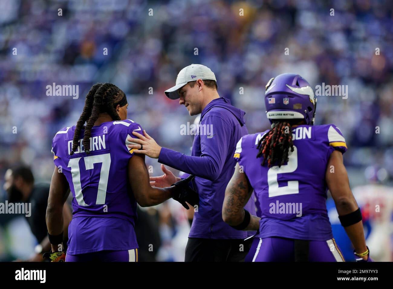 Minnesota Vikings head coach Kevin O'Connell greets wide receiver K.J ...