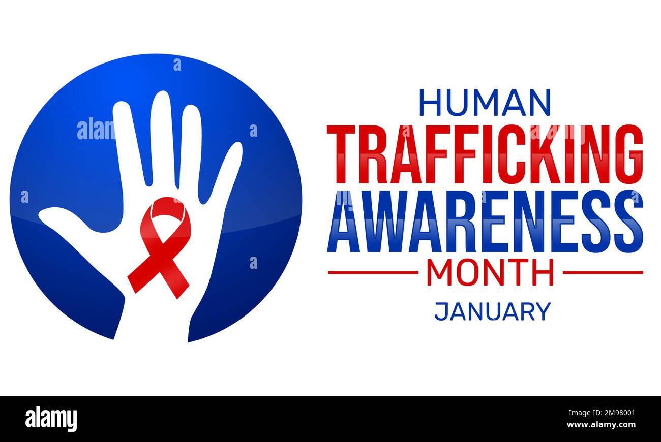Human Trafficking Awareness Month background with ribbon and hand sign ...
