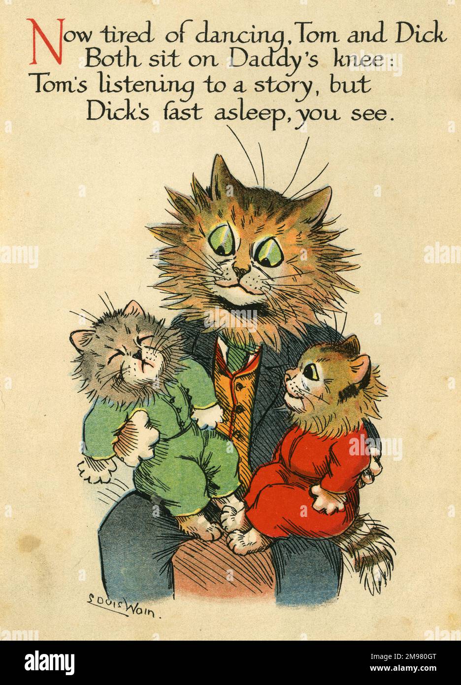 Louis Wain, Daddy Cat - kittens on Daddy's knee, tired after dancing ...