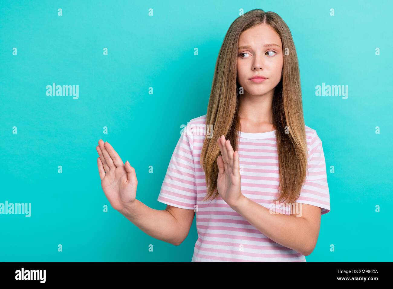 Photo of doubtful unsure lady wear striped t-shirt looking empty space ...