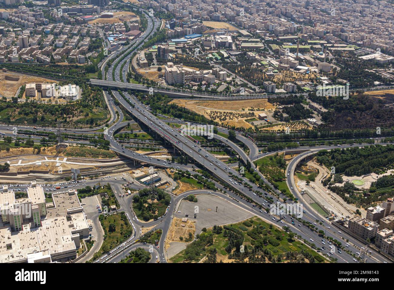 Aerial view of Hakim Expressway and Chamran Highway crossing in Tehran ...