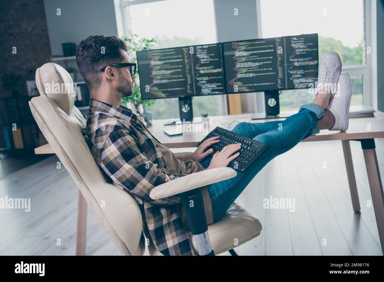 Full size profile photo of smart hardware expert sit chair keyboard ...