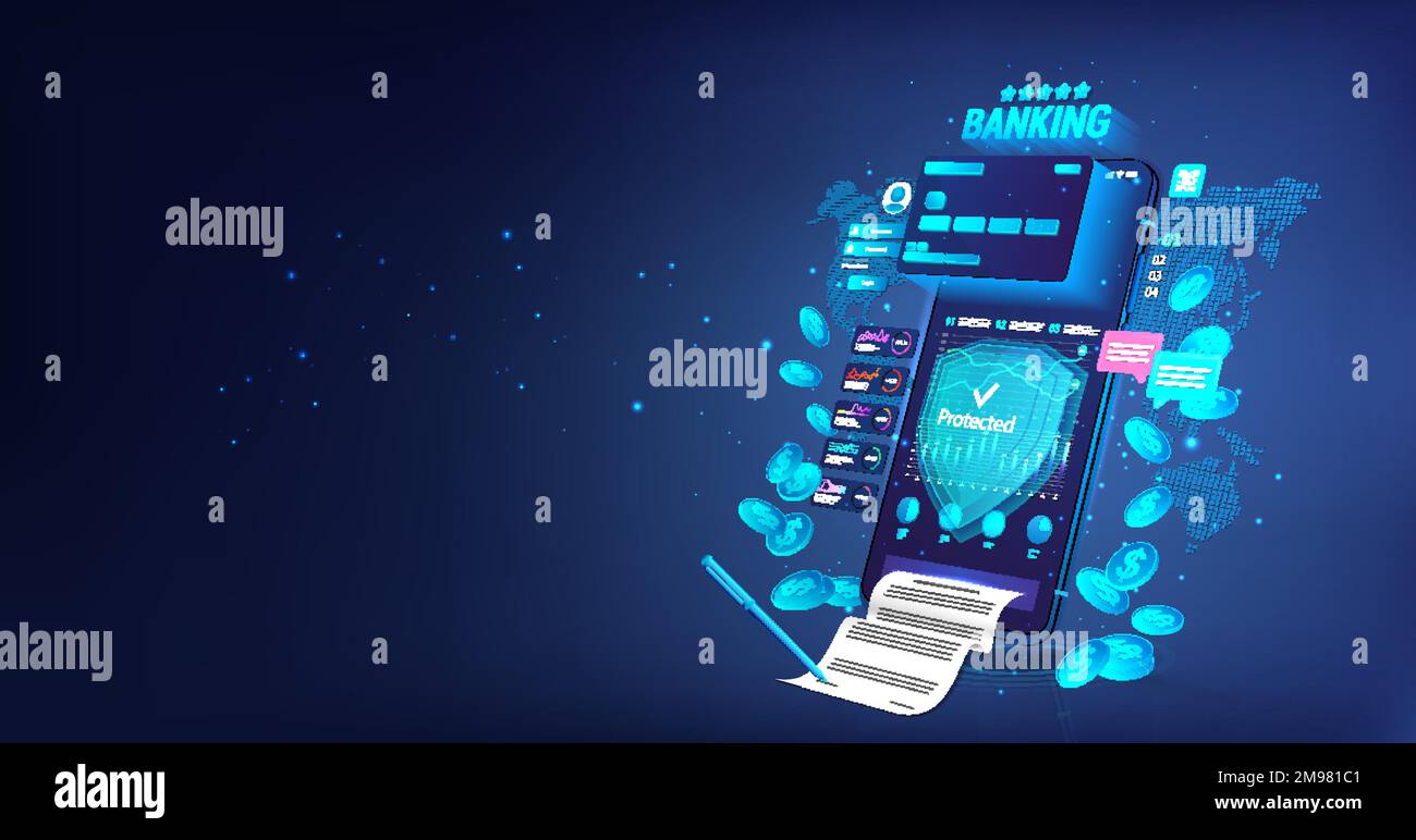 Application wallet or banking with 3D mobile phone, debit card ...